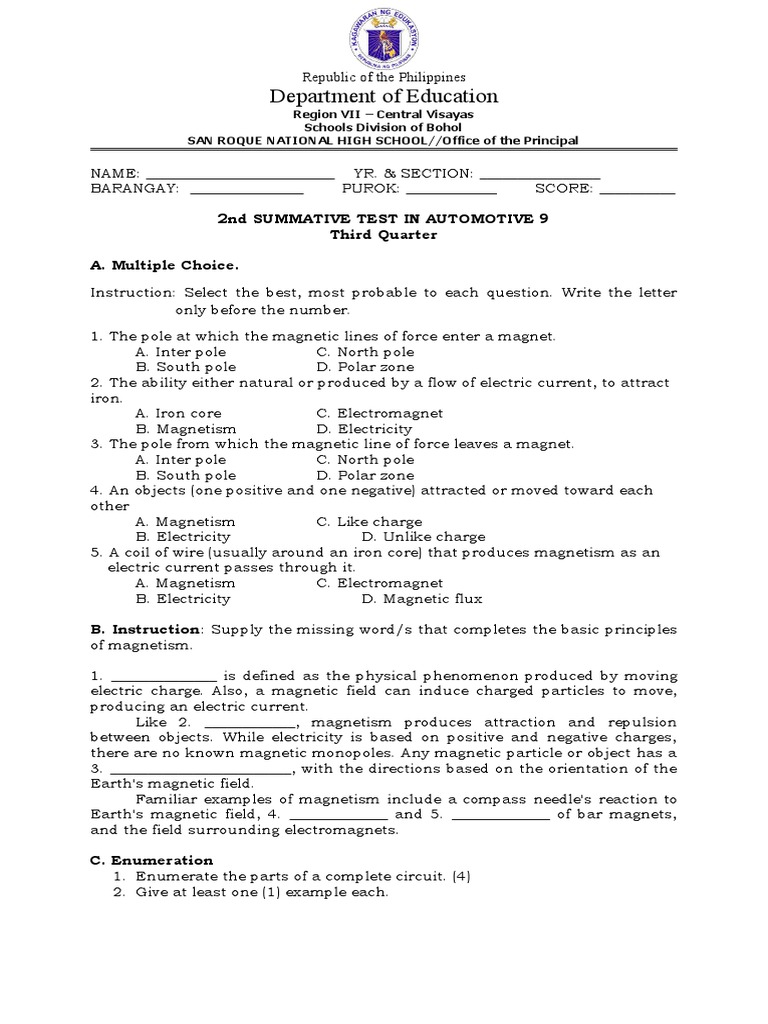 Automotive 9 Summative Test Guide | PDF