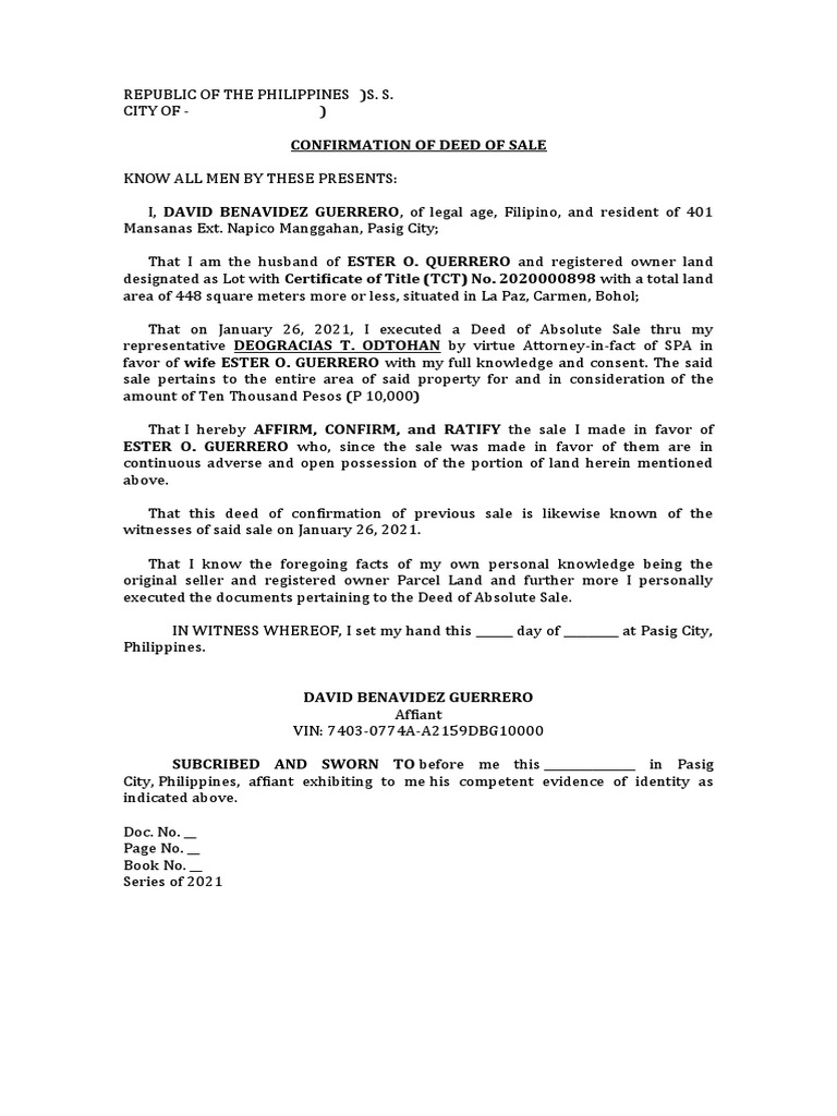 Confirmation-of-Deed-of-Sale DAVID BENAVIDEZ GUERRERO | PDF