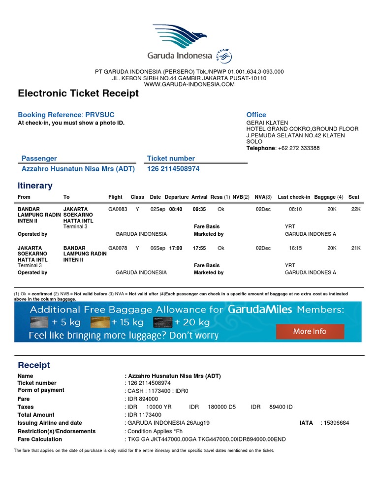 Garuda Indonesia Electronic Ticket Receipt | PDF