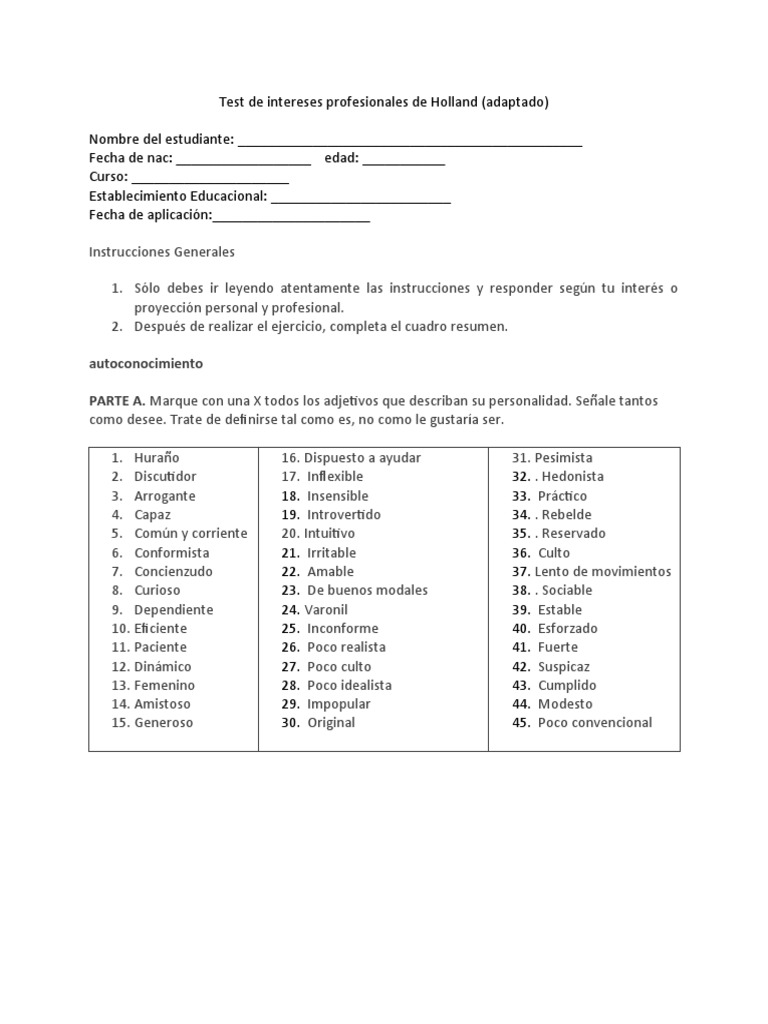 Test de Holland | PDF | Comportamiento | Conceptos psicologicos