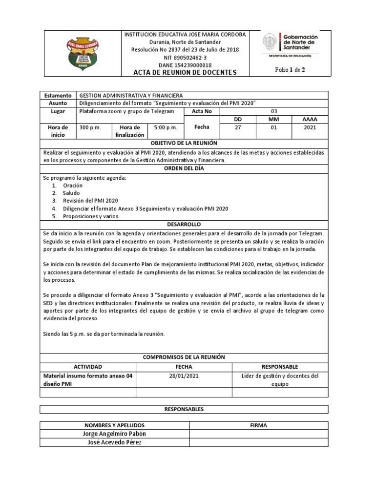 Acta 03. Seguimiento y Evaluación PMI | PDF