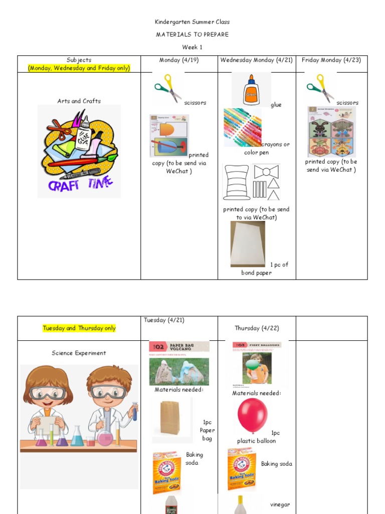 Kindergarten Summer Class Materials Guide | PDF