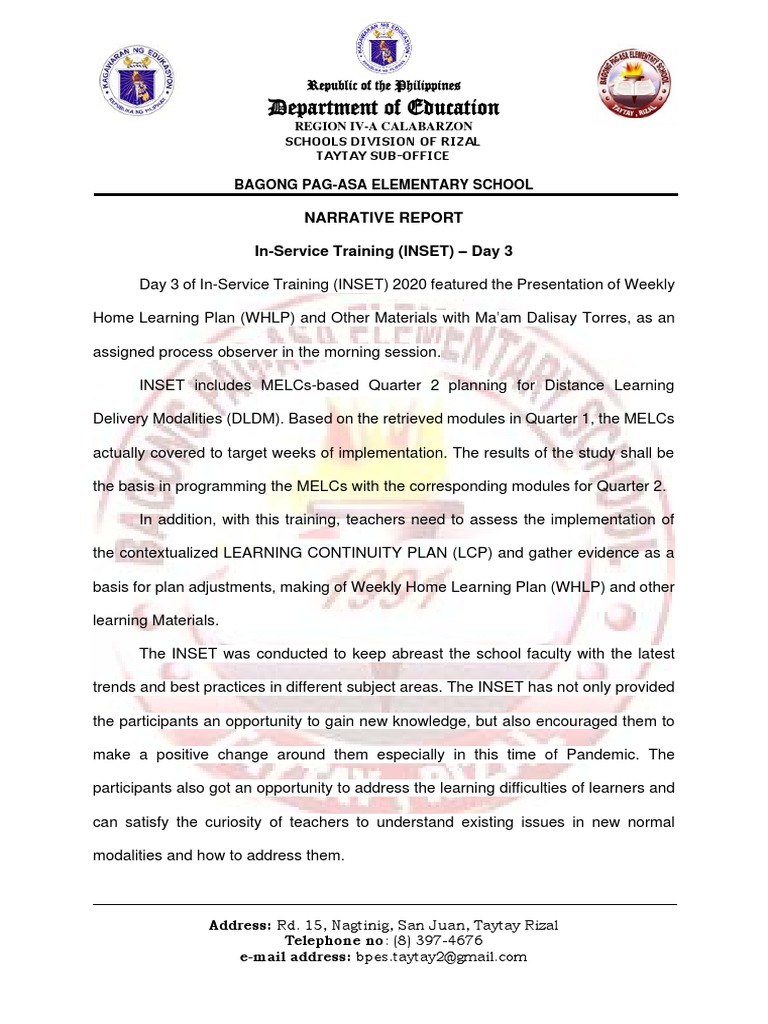 Department of Education: Narrative Report In-Service Training (INSET ...