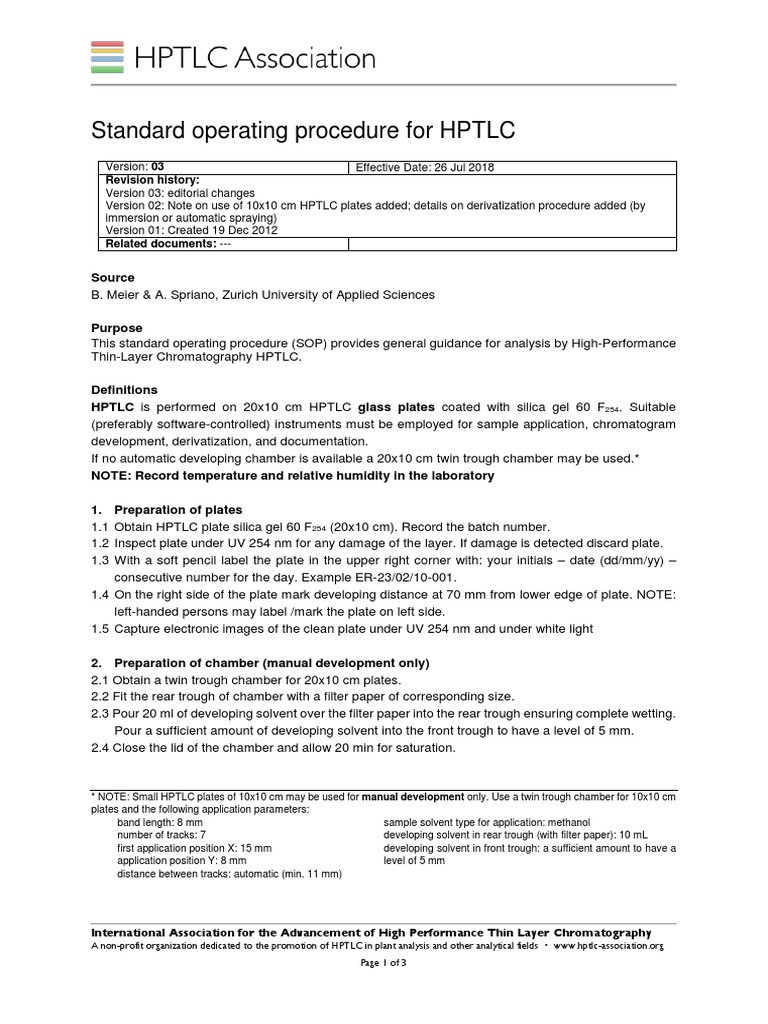 HPTLC Standard Operating Procedure Guide | PDF | Chromatography | Thin ...
