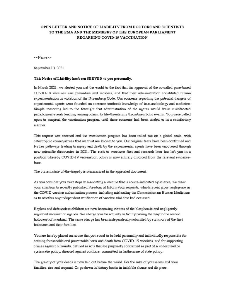 Notice of Liability To EMA and MEPs Sept13 2021 | PDF | Immune System ...