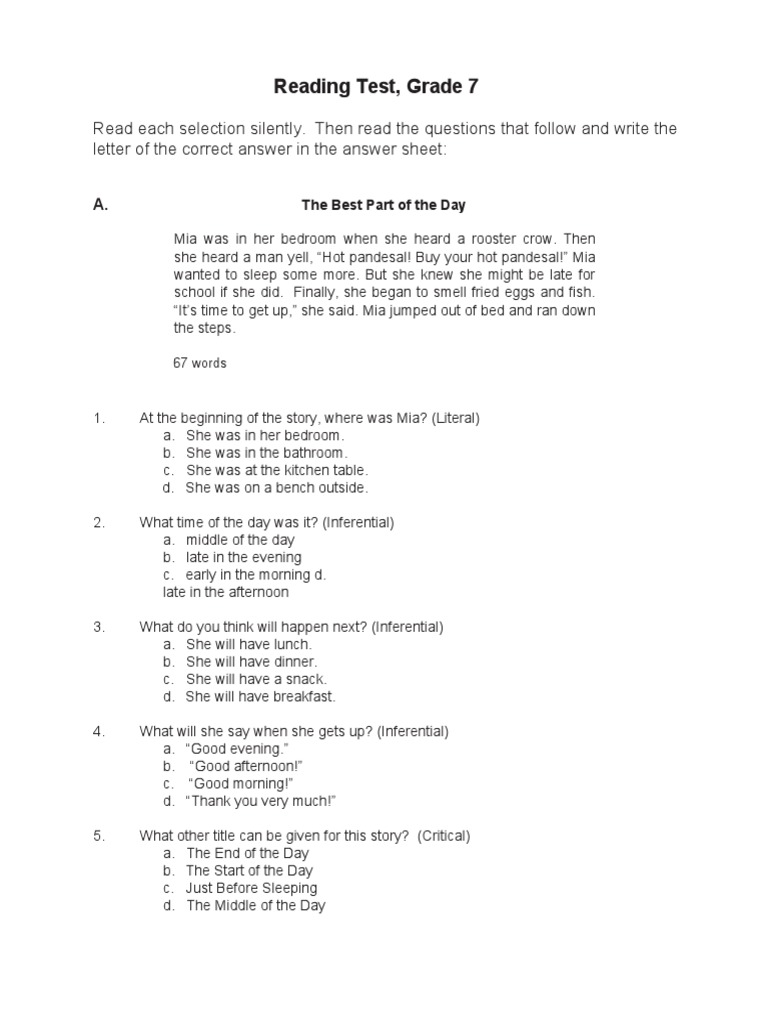 Reading Test Grade 7 | PDF