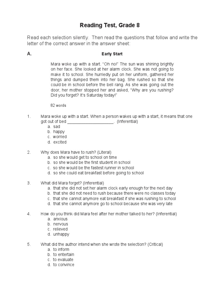 Reading Test Grade 8 | PDF
