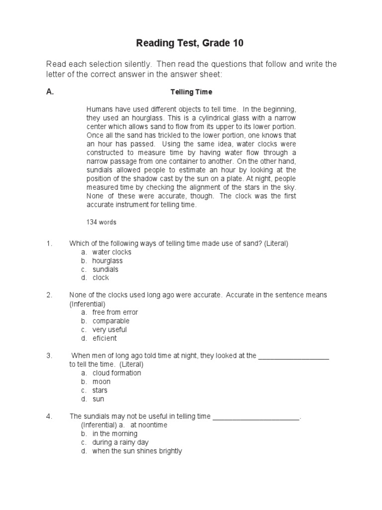 Reading Test Grade 10 | PDF | Hour | Clock
