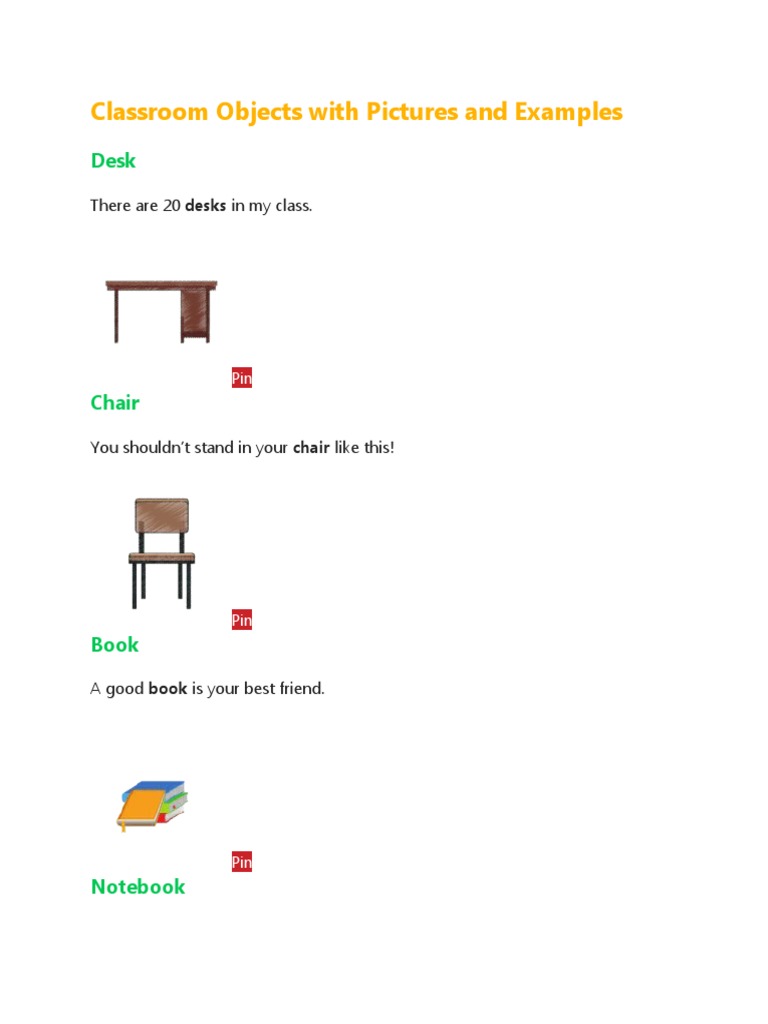Classroom Objects With Pictures and Examples | PDF | Equipment | Tools