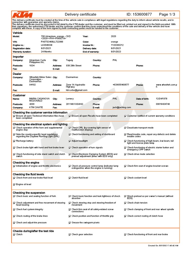 Delivery Certificate | PDF | Motor Vehicle | Land Vehicles