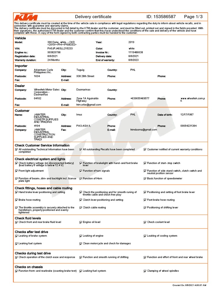 Delivery Certificate ID: 153586587 Page 1/ 3: Vehicle | PDF | Brake ...