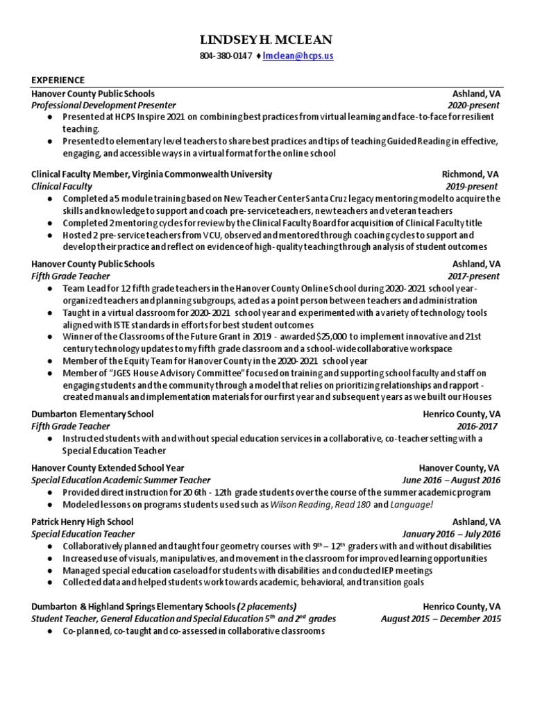 Mclean Lindsey Resume 2021 Hcps | PDF | Special Education | Teachers