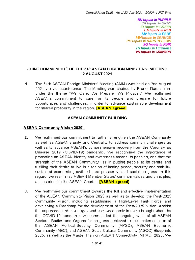 Draft of Joint Communique - 54th AMM - 23jul2021, 2000hrs GMT+7 | PDF ...
