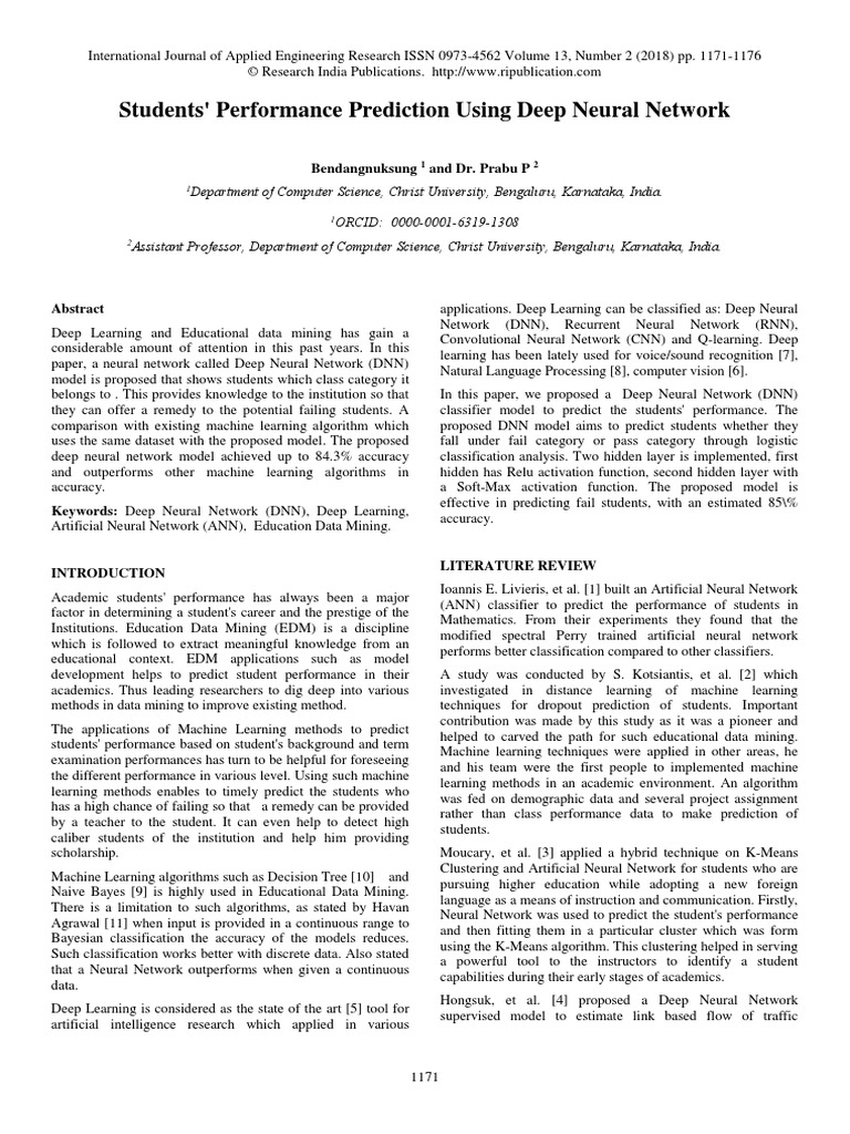 Students' Performance Prediction Using Deep Neural Network: Bendangnuksung and Dr. Prabu P | PDF ...