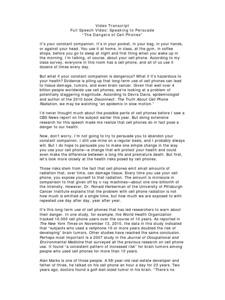 Lucas Fullspeech Cellphones Transcript | PDF | Mobile Phones | Brain Tumor