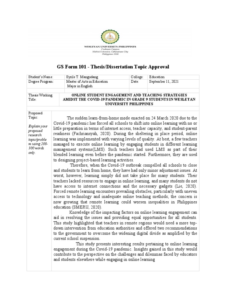 GS Form 101 - Thesis/Dissertation Topic Approval | PDF | Educational ...