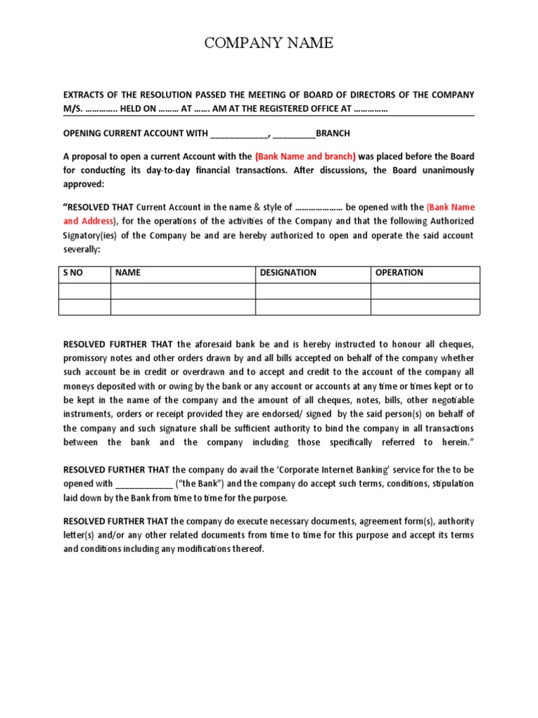 Board Resolution For Opening Bank Account | PDF | Banks | Transaction ...