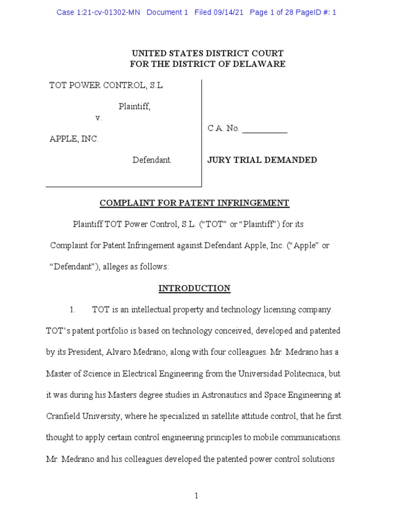 TOT Power Control v. Apple | PDF | Patent | Patent Infringement