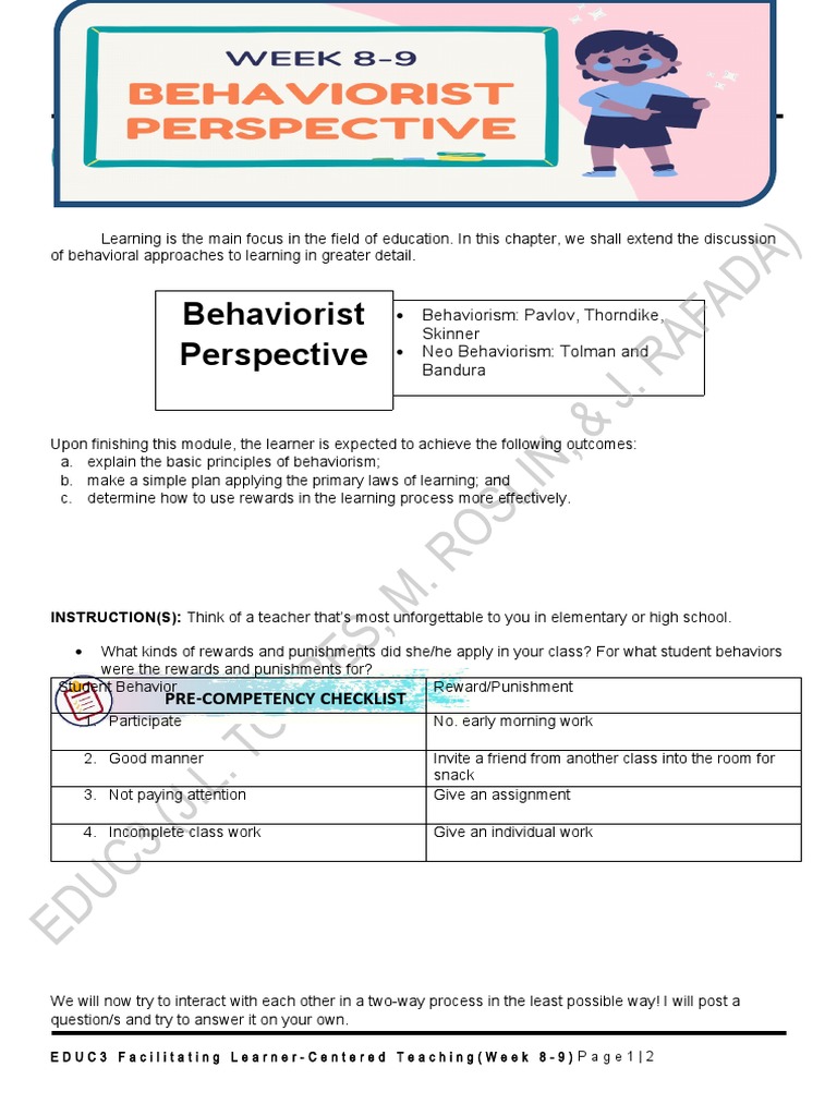Behaviorist Perspective: Post-Competency Checklist | PDF | Behaviorism ...