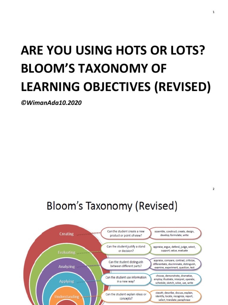 Bloom's Taxonomy of Learning Objectives (HOTS LOTS) | PDF | Education ...
