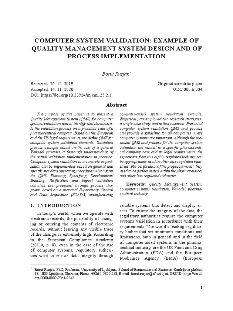 Computer System Validation: Example of Quality Management System Design ...