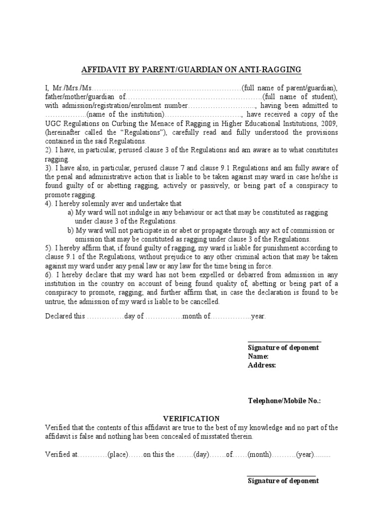 Anti-Ragging Declaration of Parent | PDF | Affidavit | Crime & Violence