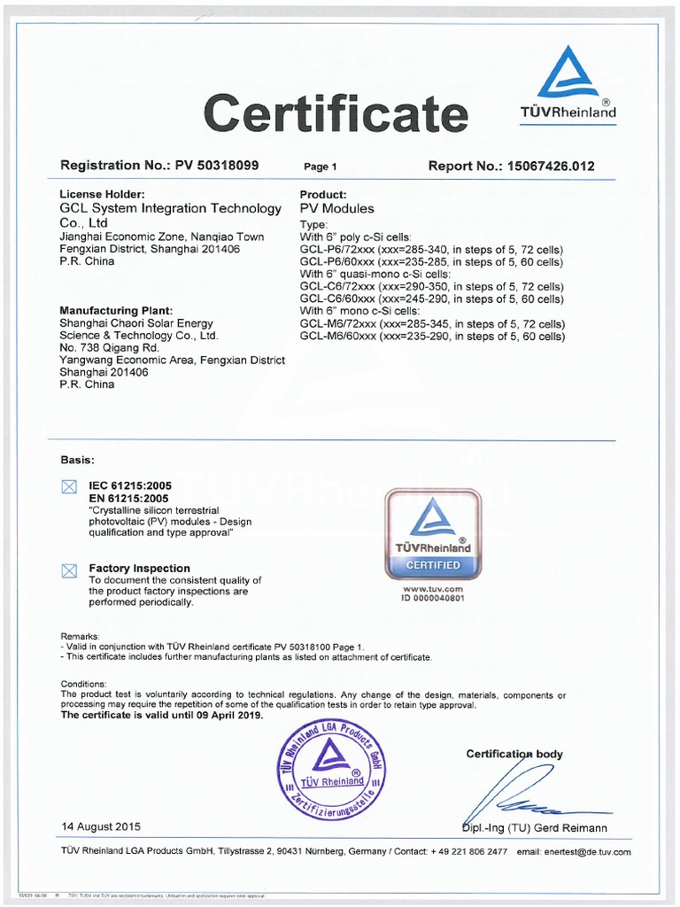 Certificado IEC 61215 GCL | PDF