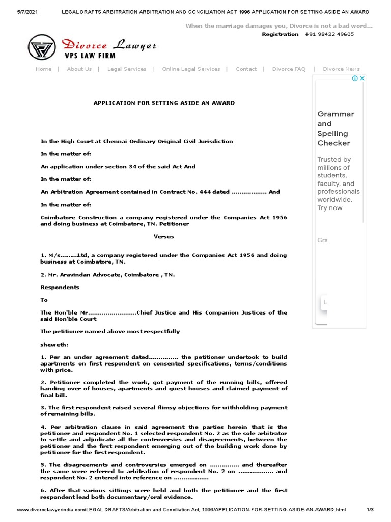 Legal Drafts Arbitration Arbitration and Conciliation Act 1996 ...