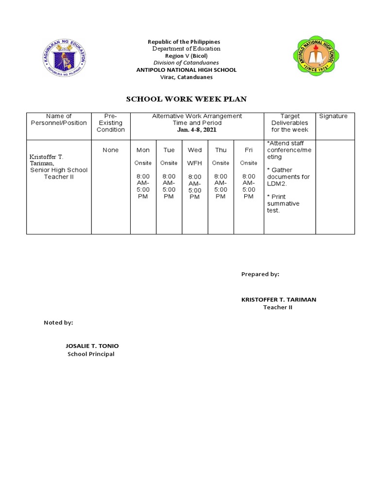 January Work Week Plan | PDF | Teaching | Learning