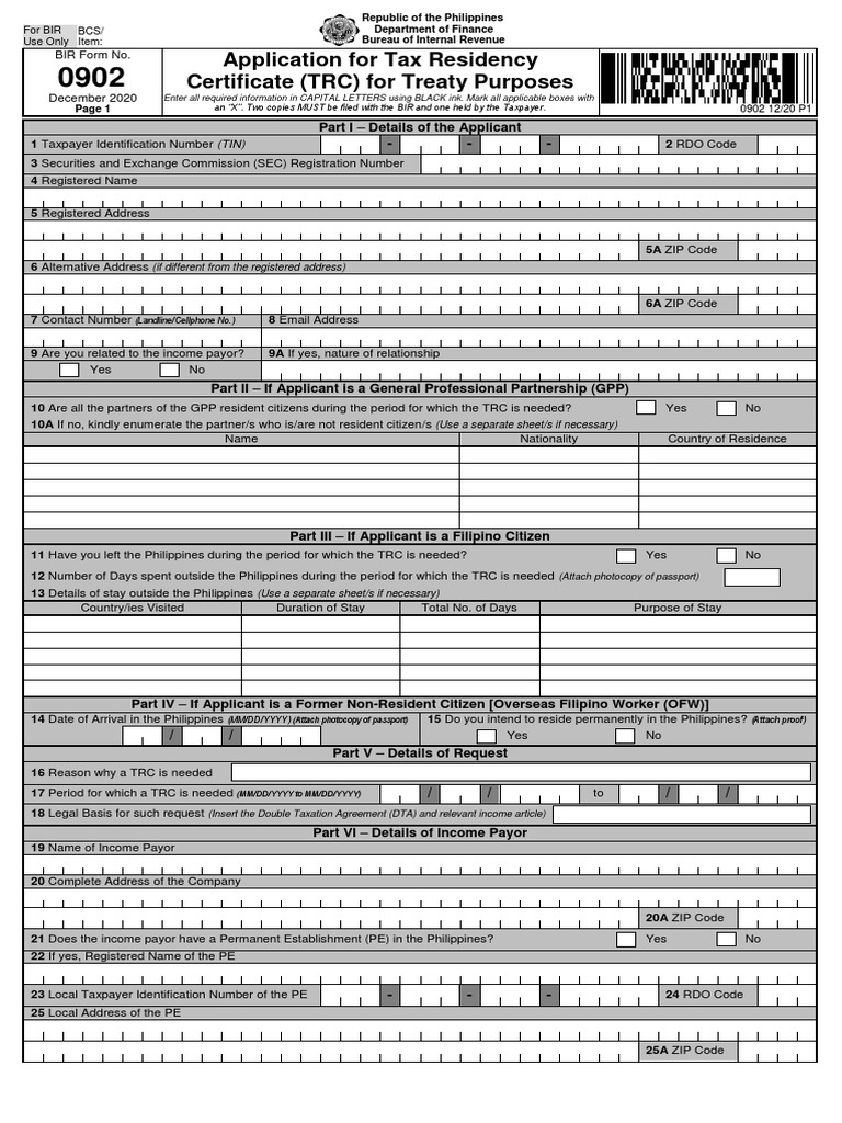 BIR Form 0902: Tax Residency Certificate Application | PDF | Double ...