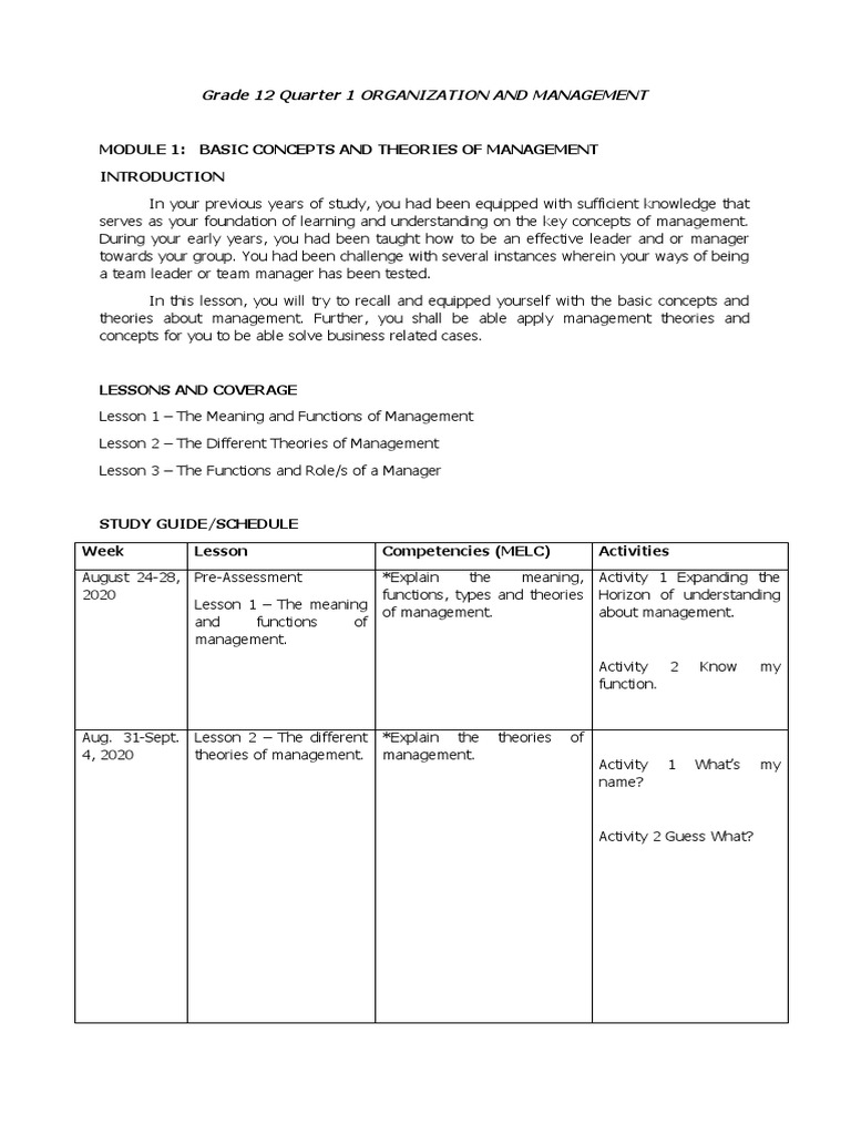 Grade 12 Organization and Management Week 1-3 | PDF | Goal | Human ...