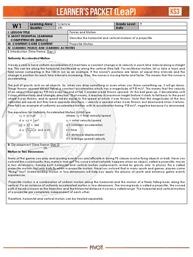 Q4-Science-9-Week 1 | PDF | Acceleration | Projectiles