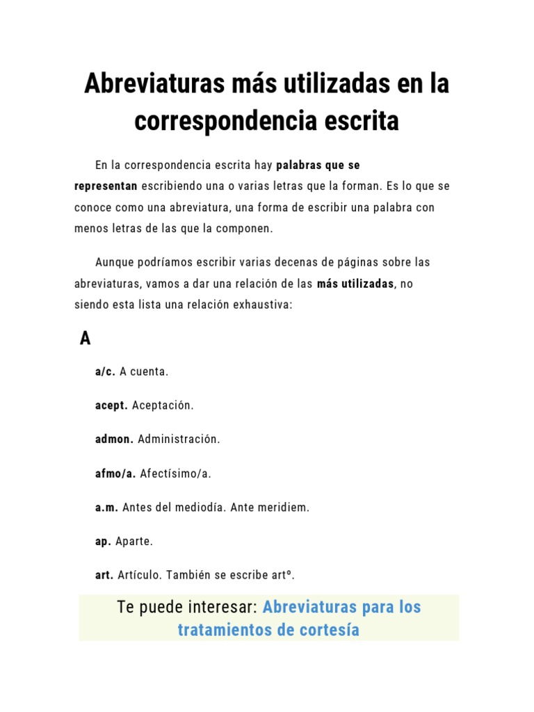 Abreviaturas Más Utilizadas en La Correspondencia Escrita | PDF ...