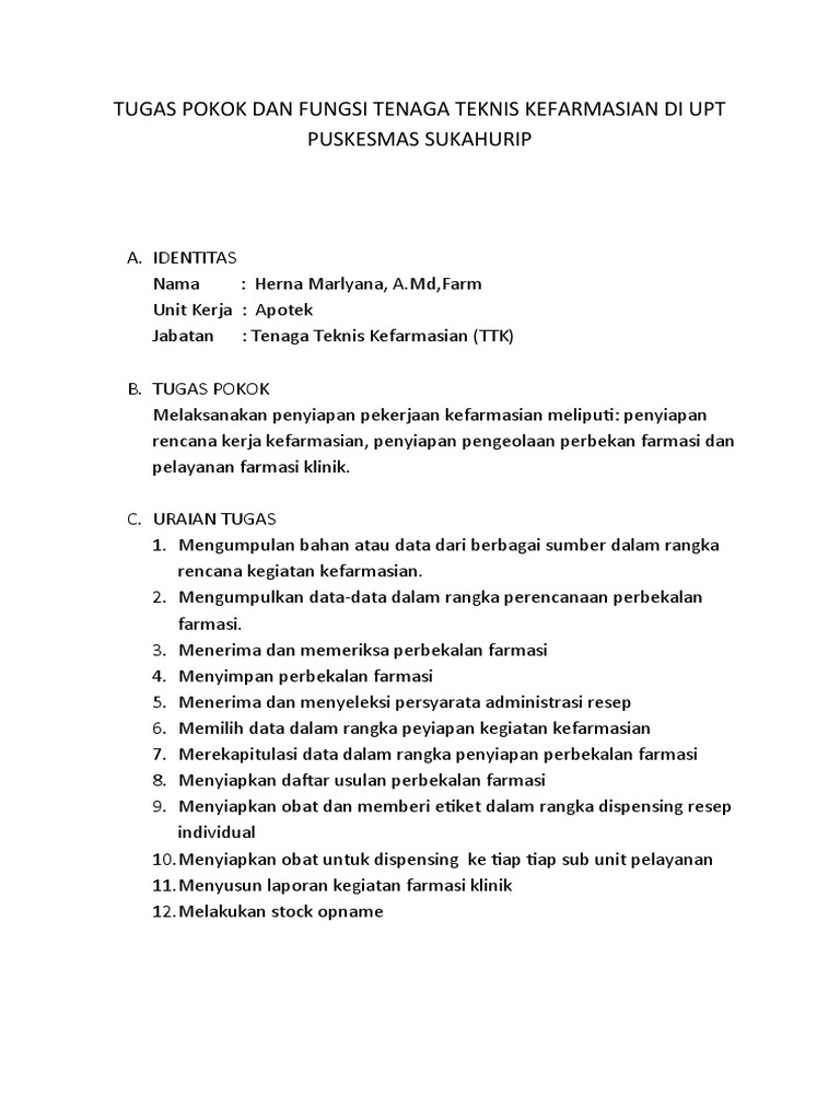 Peran dan Tanggung Jawab TTK di Puskesmas Sukahurip | PDF