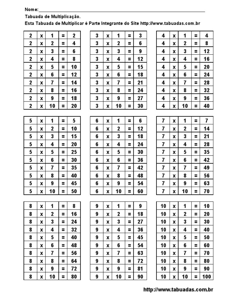 Tabuada de Multiplicacao para Imprimir | PDF