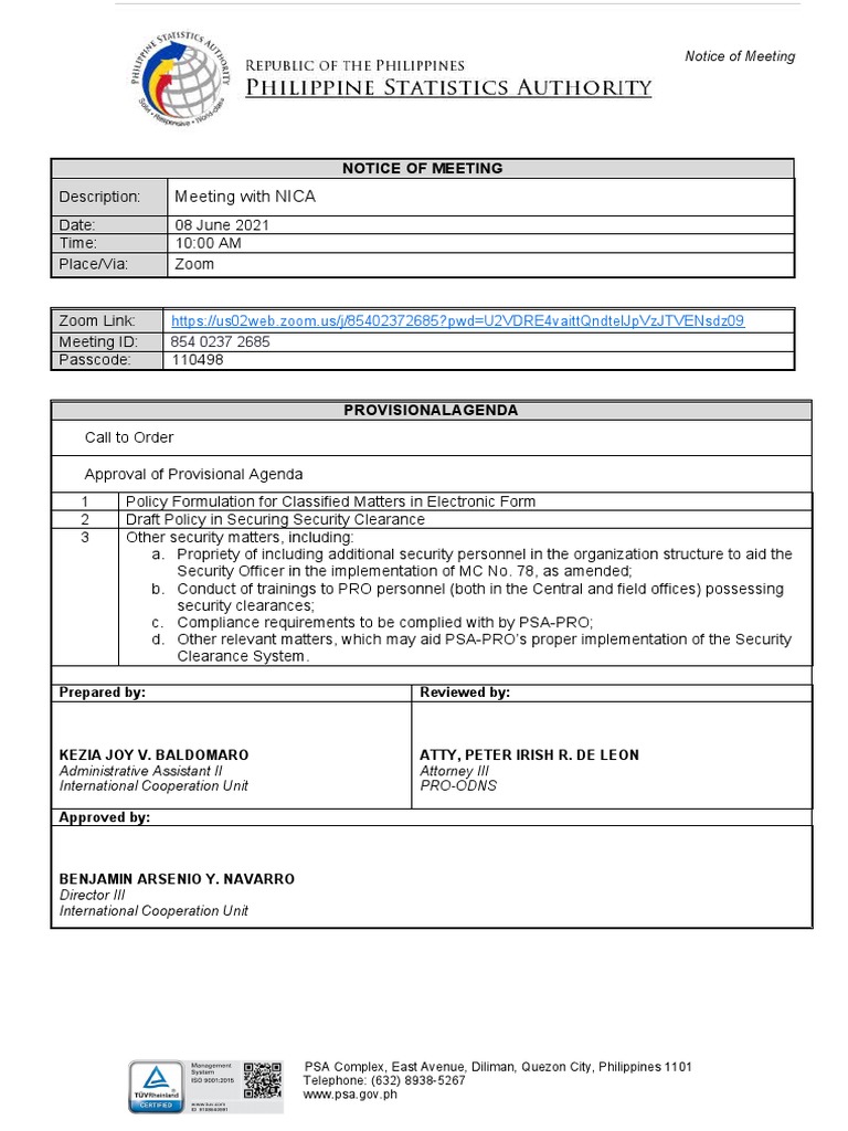 Notice of Meeting - Meeting With NICA As of 07 June 2021 Final | PDF
