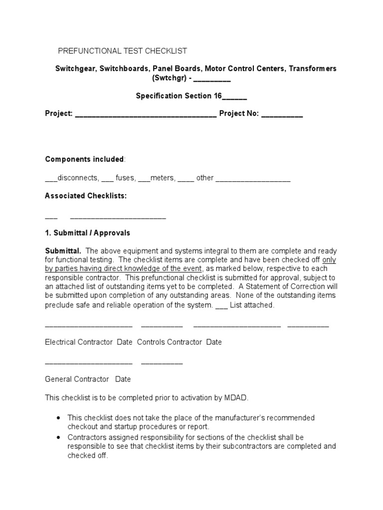 16997-02 Prefunctional Test Checklist - Switchgear, Switchboards, Etc ...