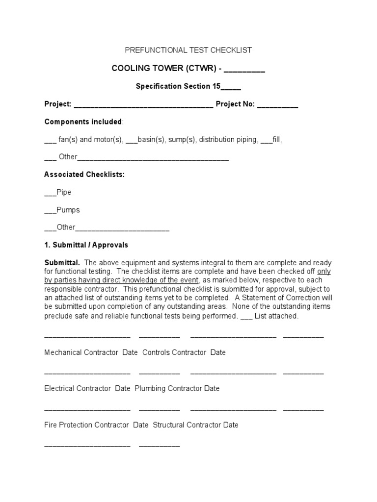 Prefunctional Test Checklist - Cooling Tower - Airport | Download Free ...