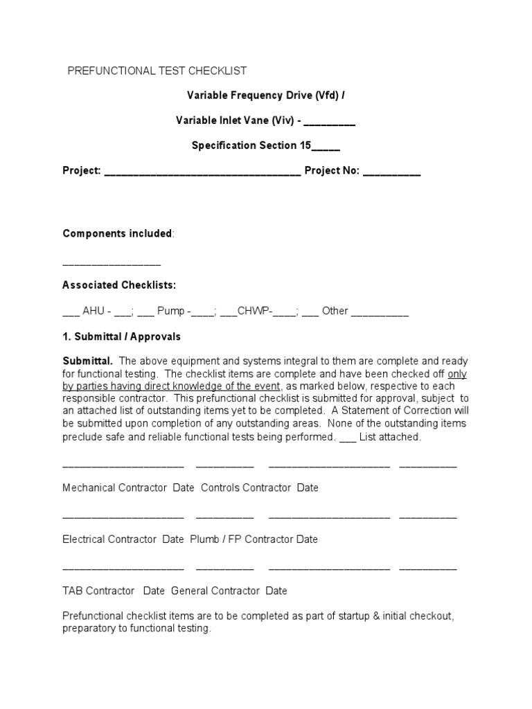 Prefunctional Test Checklist for VFD/VIV | PDF | Electrical Wiring ...