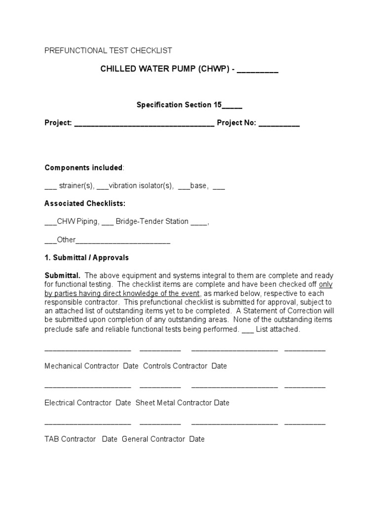 Chilled Water Pump Prefunctional Checklist | PDF | Calibration | Pipe ...