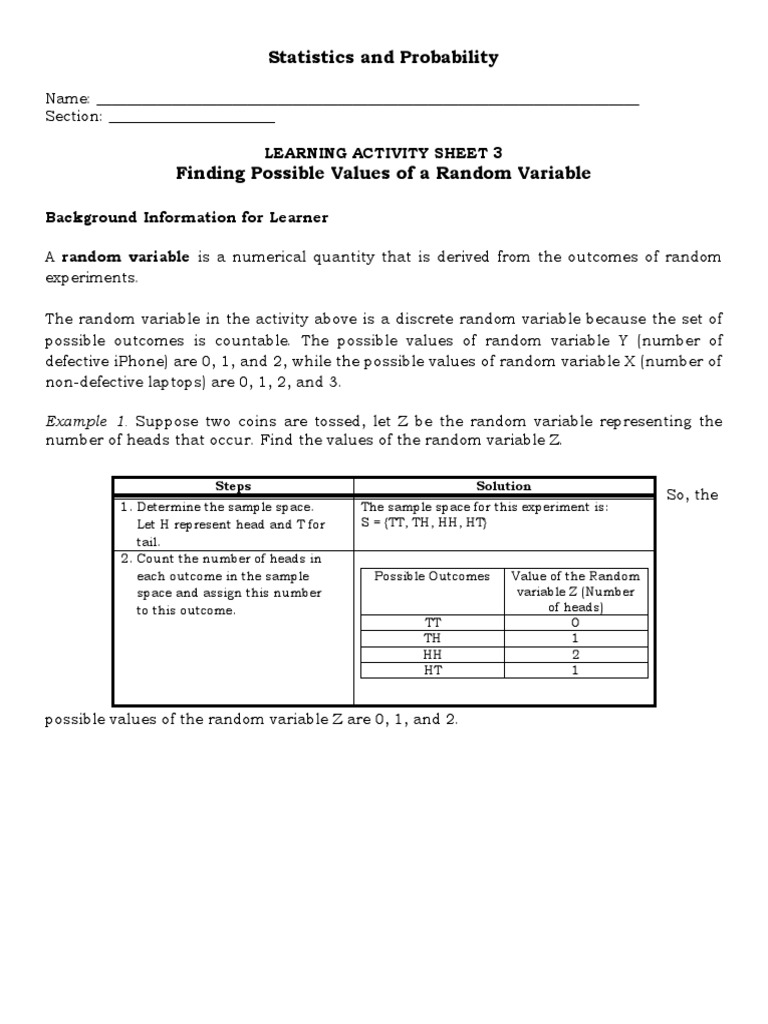 Statistics and Probability 12 LAS 3 | Descargar gratis PDF | Random Variable | Applied Mathematics