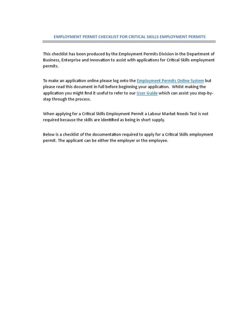 Employment Permit Checklist For Critical Skills Employment Permits ...