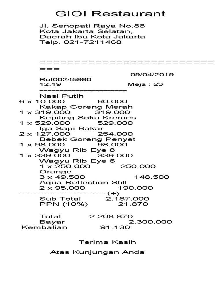 Menu dan Nota GIOI Restaurant Jakarta | PDF | Memasak, Makanan, & Anggur