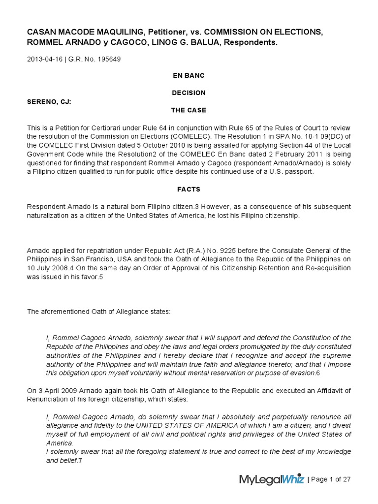 Maquiling Vs Comelec | PDF | Citizenship Of The United States ...