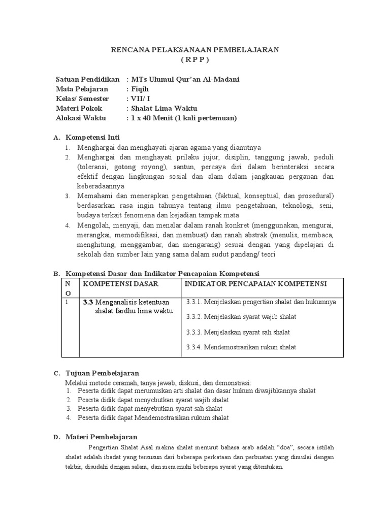 Pertemuan 1 Jakfar Sodik RPP Kelas 7 Shalat Lima Waktu | PDF | Karier ...