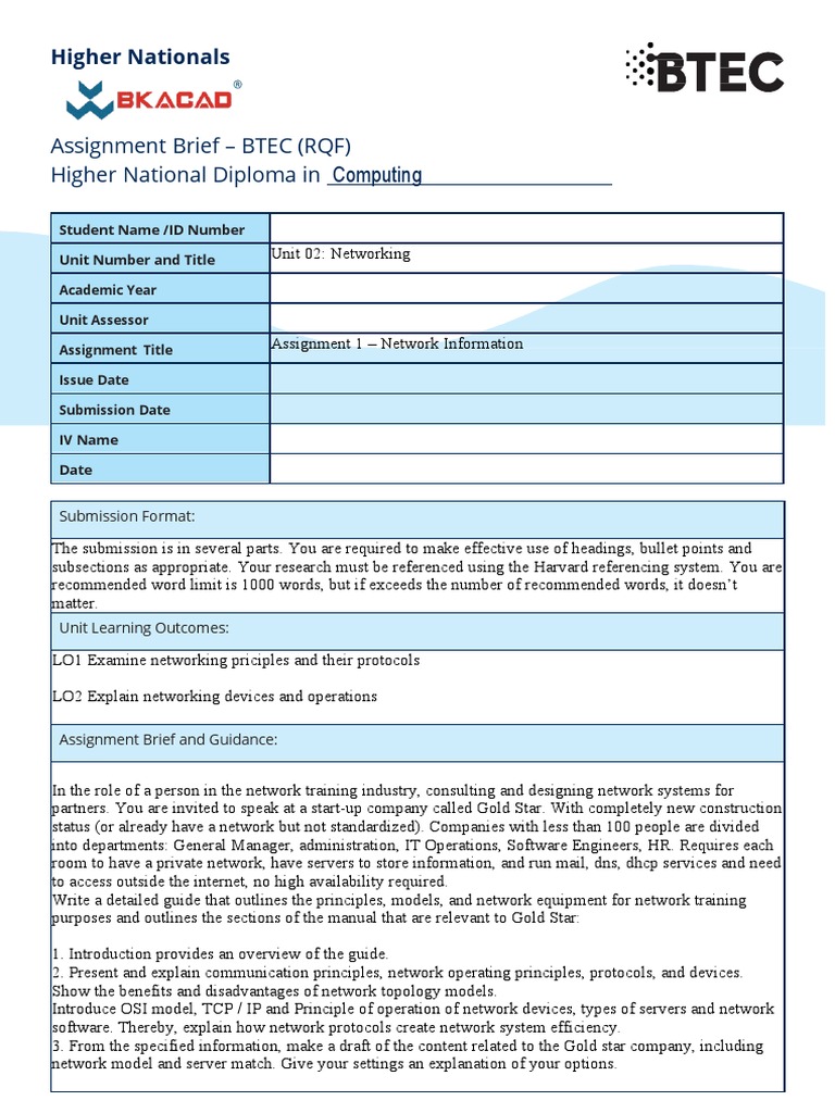 Assignment Brief - BTEC (RQF) Higher National Diploma in Computing | PDF | Computer Network ...