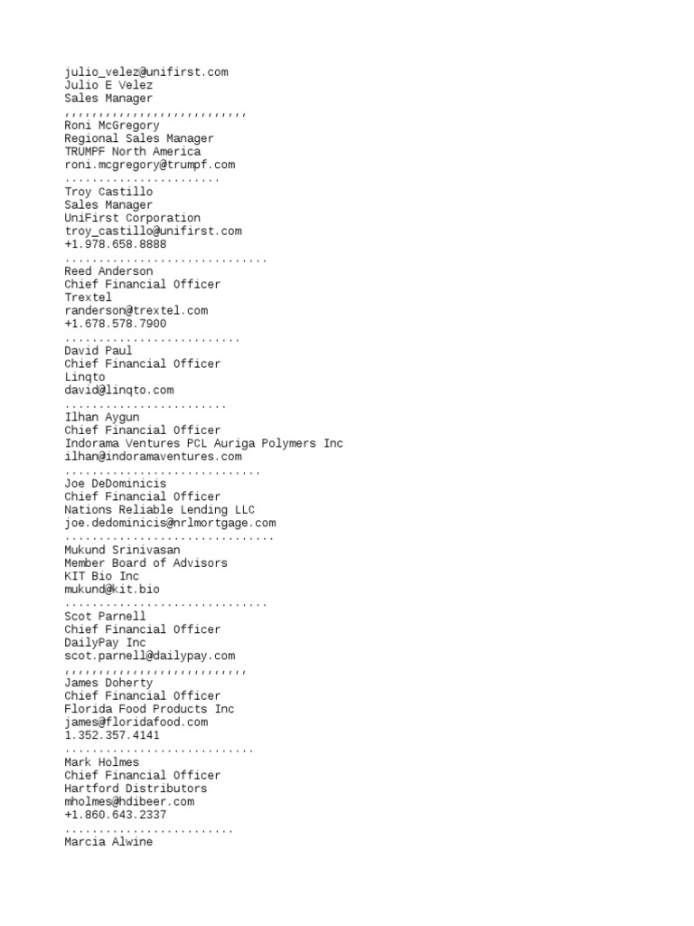 CFO Contact List for Auriga Polymers | PDF | Business