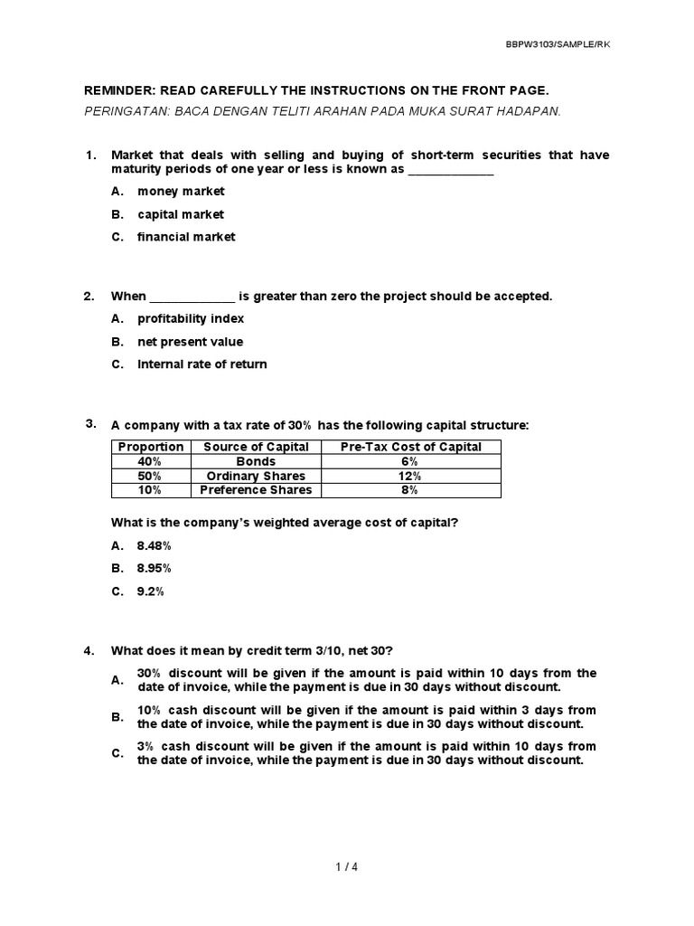 BBPW3103 Sample Ques | PDF | Discounting | Cost Of Capital