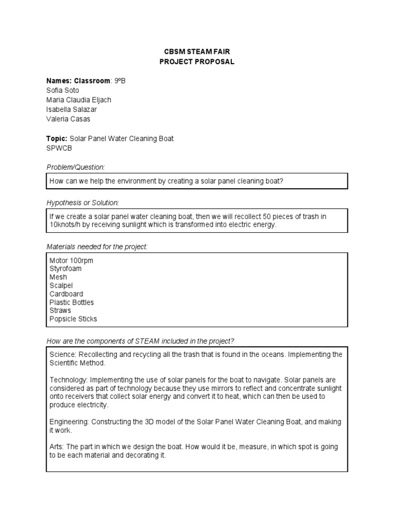 CBSM Steam Fair Project Proposal Names: Classroom: 9ºB: Problem ...