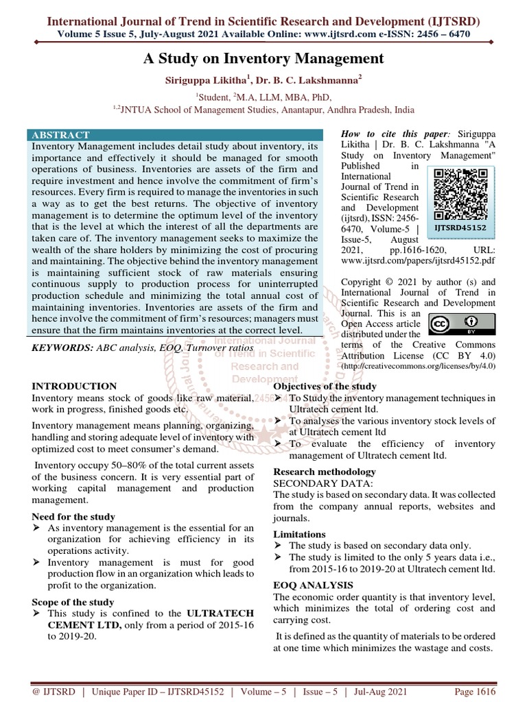 A Study On Inventory Management | PDF | Inventory | Cost Of Goods Sold